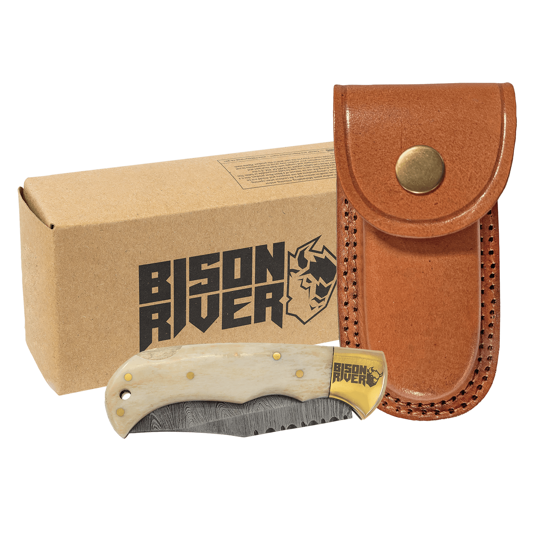 Bison River Bone Handle Folding with Damascus Steele Blade