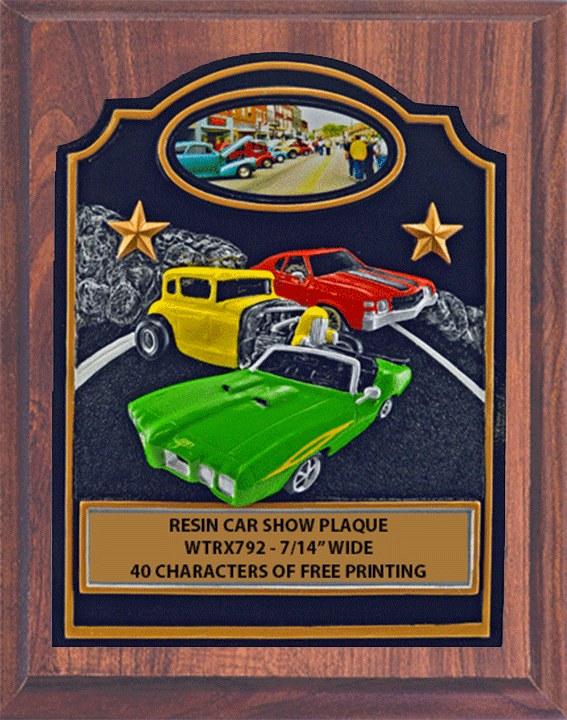 Colorful Resin Car Show Plaque Mounted on Wood Finish
