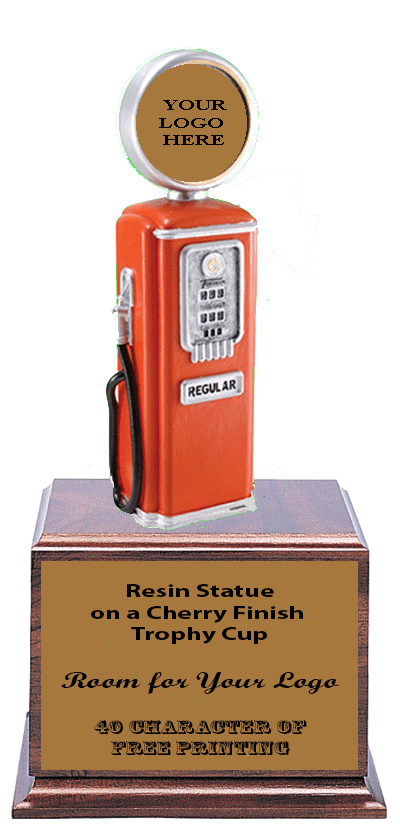 Red Gas Pump Trophies on Cherry Finish Base
